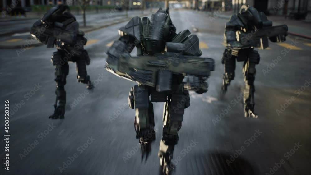 Robotic guards run fast on a mission in a futuristic city. Military ...