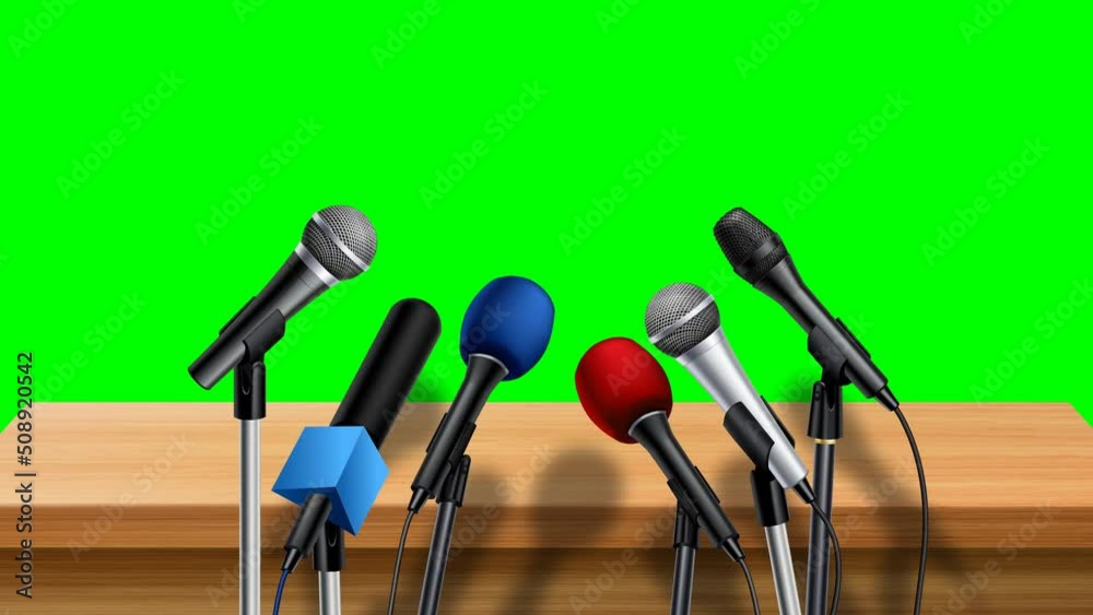 Vidéo Stock Press and media conference microphone with wooden table ...