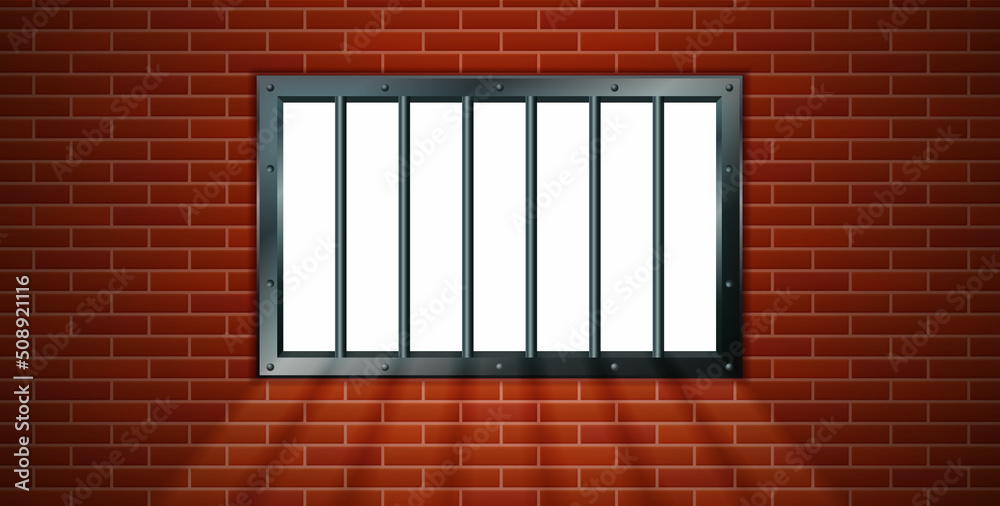 Vector illustration of prison bars window on dark red brick wall ...