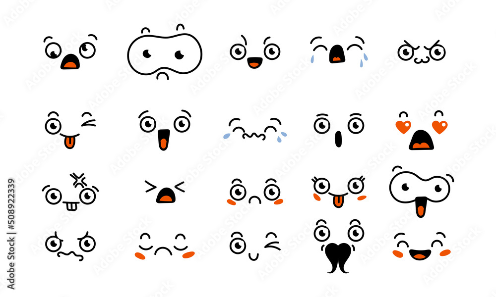 Various Cartoon Emoticons Set. Doodle faces, eyes and mouth. Caricature ...