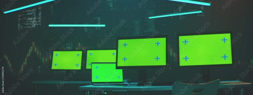 Workstation 5 monitors,hacker's workplace green screen, chromakey Stock ...