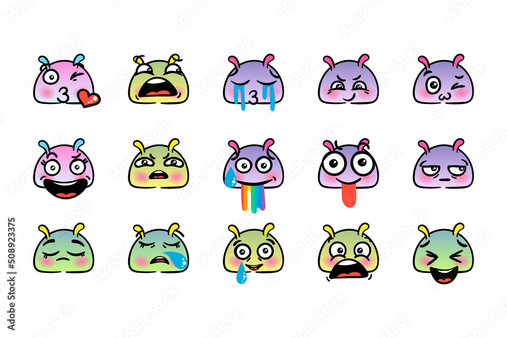 Various Cartoon Emoticons Set. Doodle faces, eyes and mouth. Caricature ...