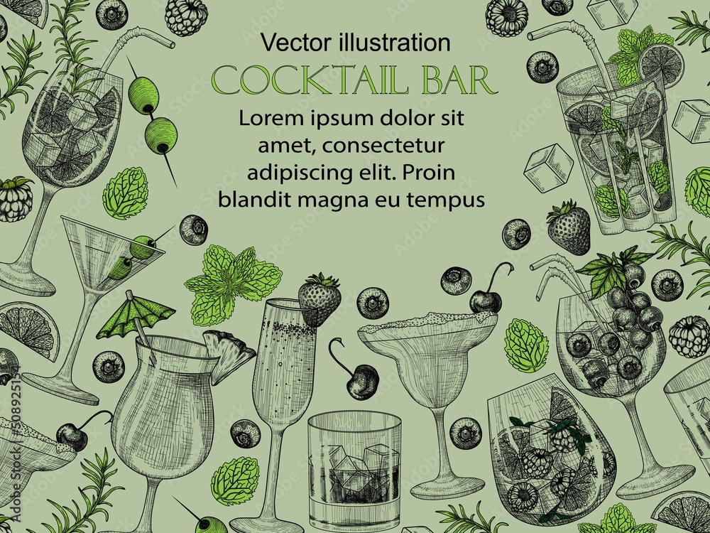 Vector banner template of cold drinks in glasses in engraving style ...