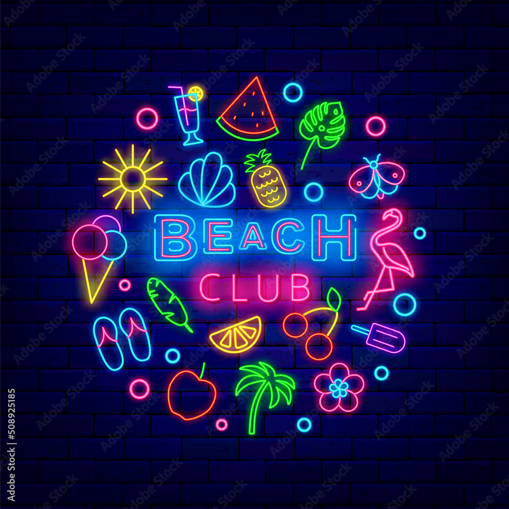 Beach club round neon signboard. Circle layout with season icons. Dance ...