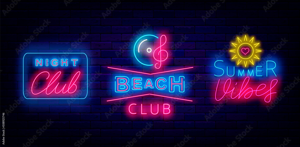 Summer neon signs collection. Night club and Beach club. Summer vibes ...
