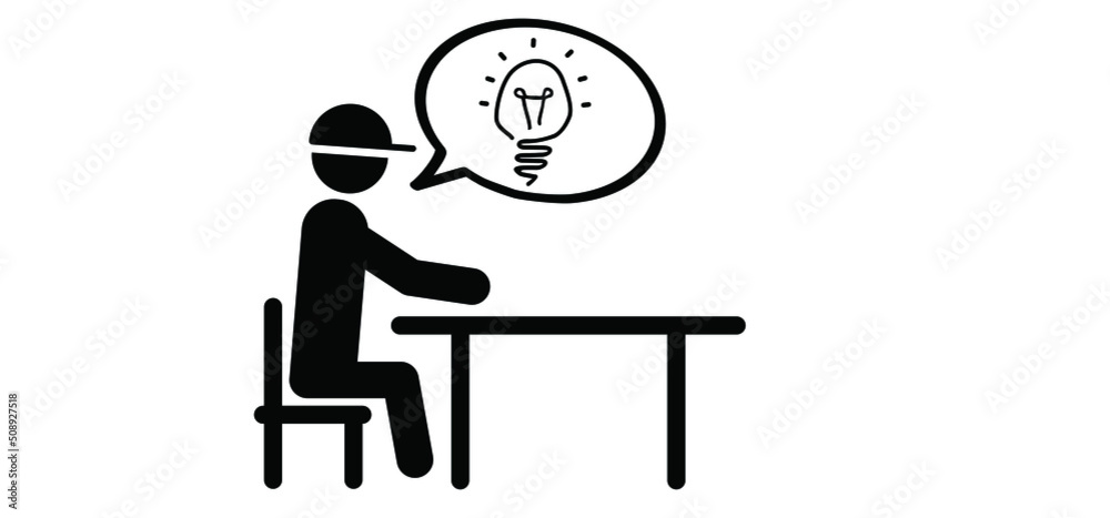 Cartoon stickman, stick figure. People on table thinks and gets an idea ...