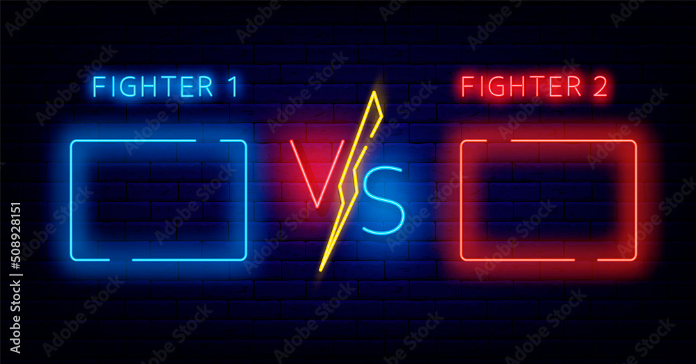 Versus battle neon banner with lightning icon. Rectangular frames for team names. Vector stock ...