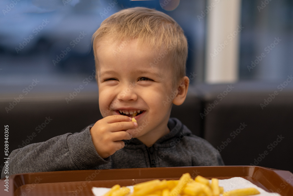 child eats french fries. A little boy eats delicious potatoes and ...