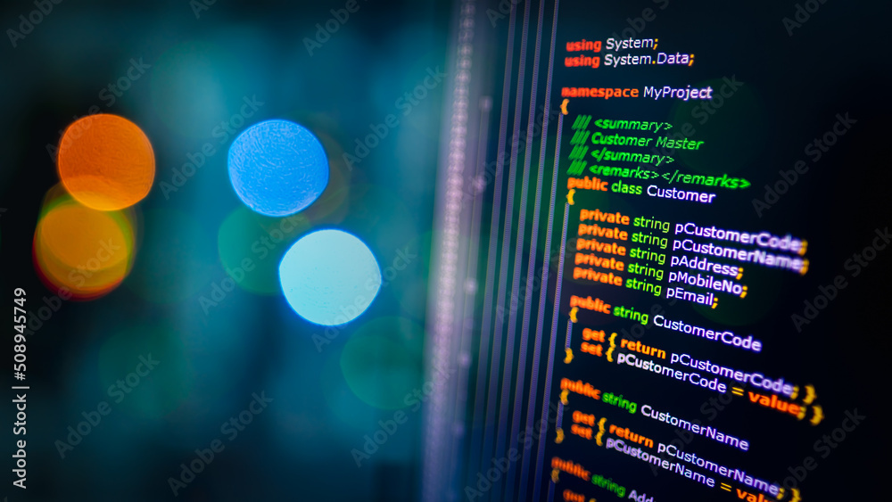 C Sharp Programming Language Source Code Example On Monitor And Bokeh Background C Source