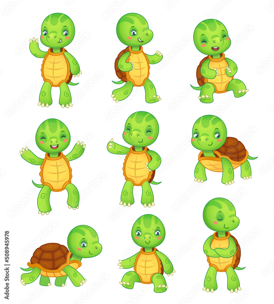 Cartoon turtle. Cute kids turtles, wild animals character set. Tortoise ...