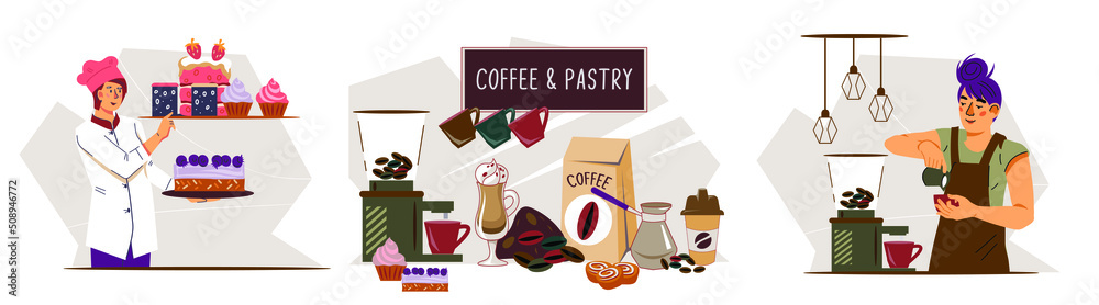 Coffee and bakery banners set with baker and barista, flat vector ...