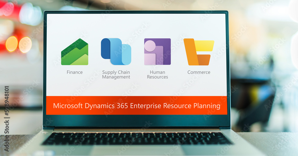 Laptop displaying icons of Microsoft Dynamics 365 ERP software Stock ...