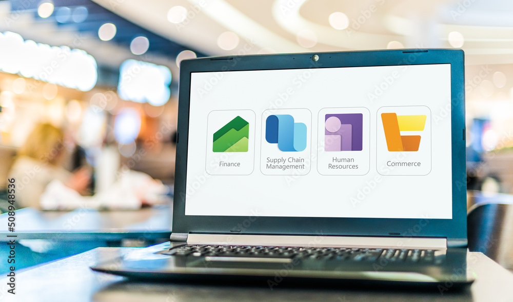 Laptop displaying icons of Microsoft Dynamics 365 ERP software Stock ...