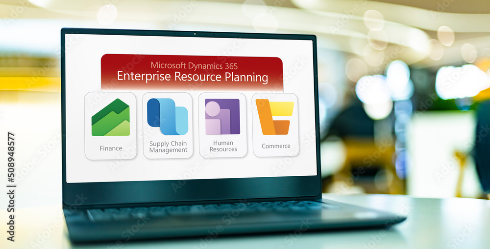 Laptop displaying icons of Microsoft Dynamics 365 ERP software Stock ...