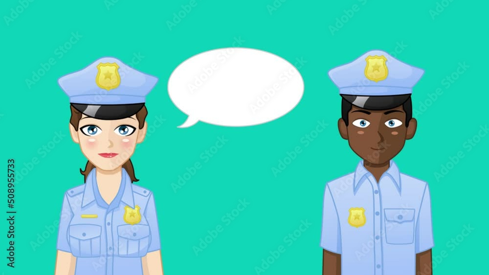 Cartoon animation of police officers avatars with talking bubbles. The ...