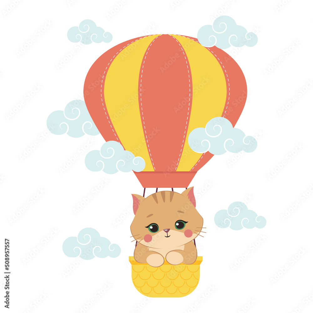 Cute cat with a balloon. Fluffy kitten cartoon vector illustration ...