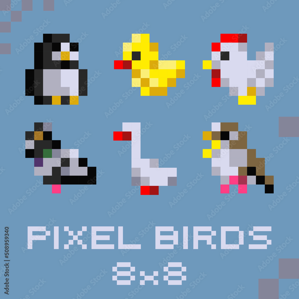 Pixel birds set 8x8. 6 little birds. Stock Vector | Adobe Stock