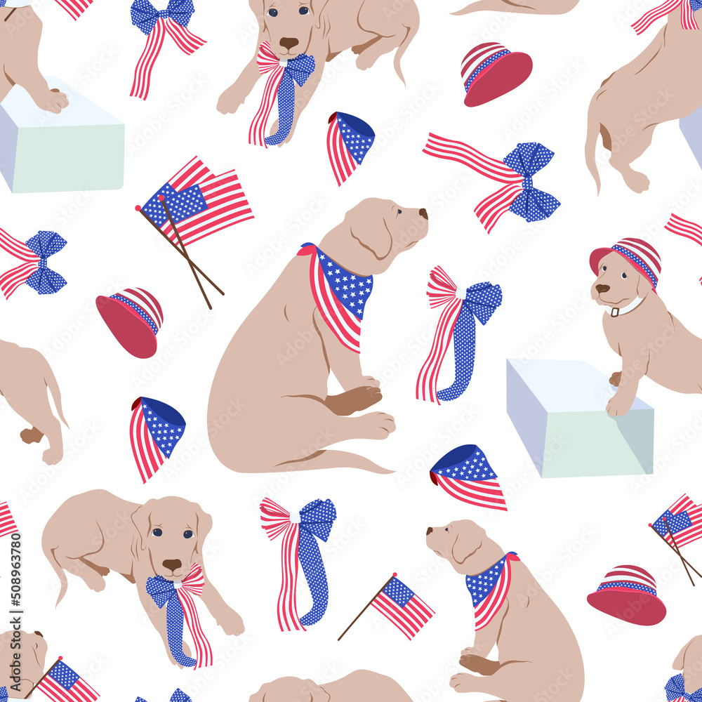 Seamless pattern with puppies labradors - patriots hold flag the USA ...