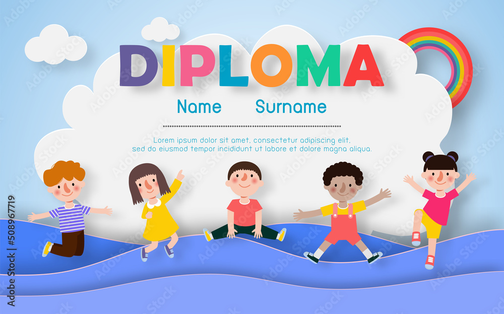 Diploma template for kids paper art style, Certificates kindergarten ...