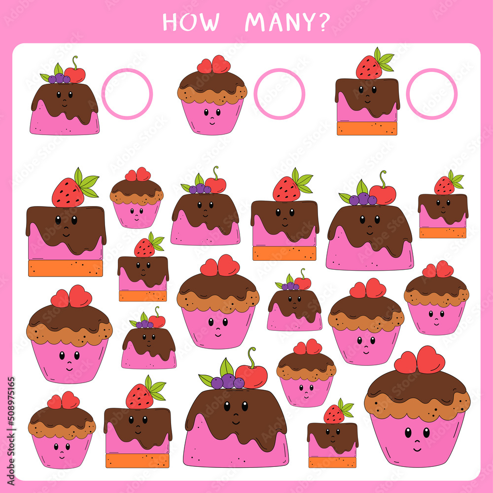 Educational math game for kids. Count how many cupcakes and write the ...