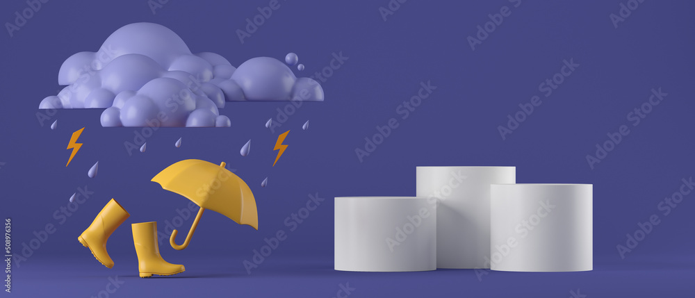 3d cartoon rain season podium on dark purple background. concept for ...