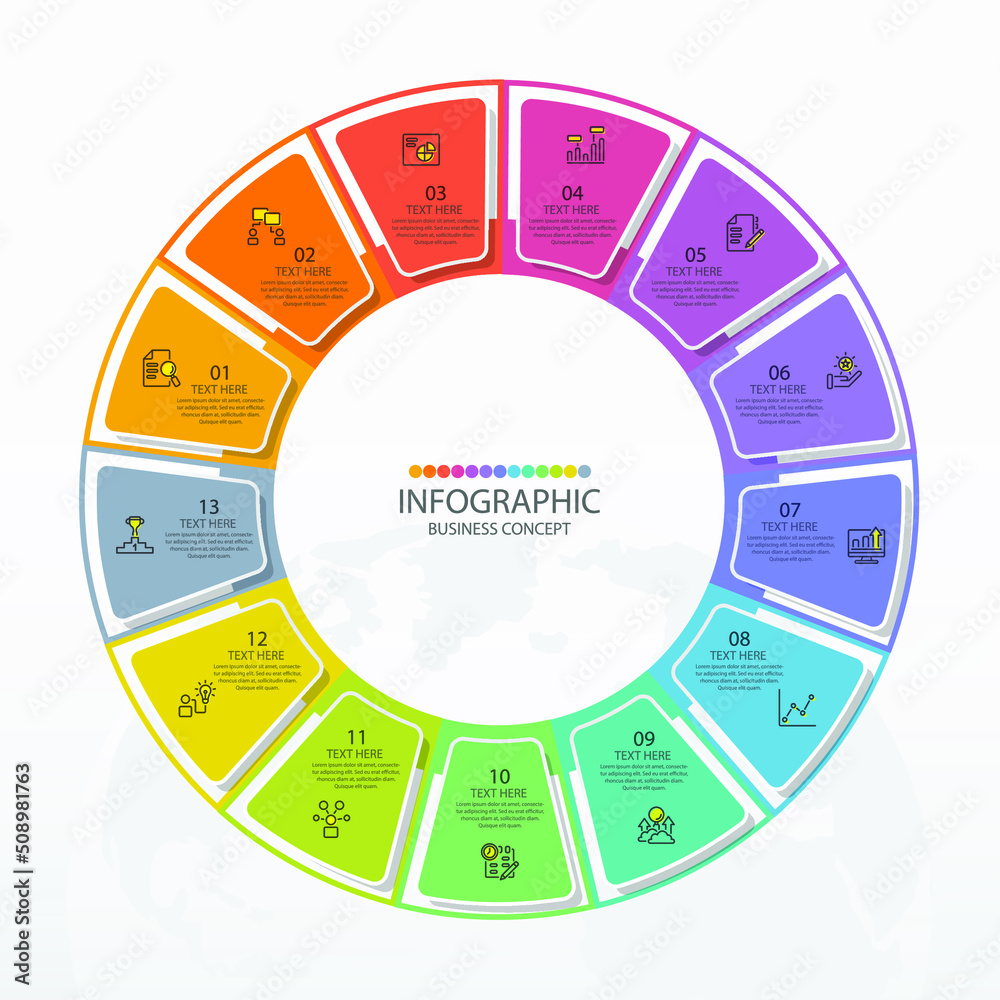 Basic circle infographic template with 13 steps, process or options ...