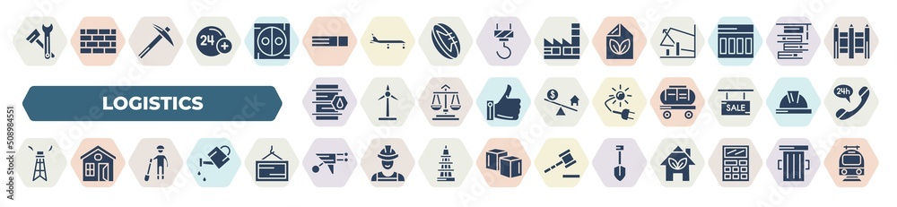 set of 40 filled logistics icons. glyph icons such as wrench and hammer ...