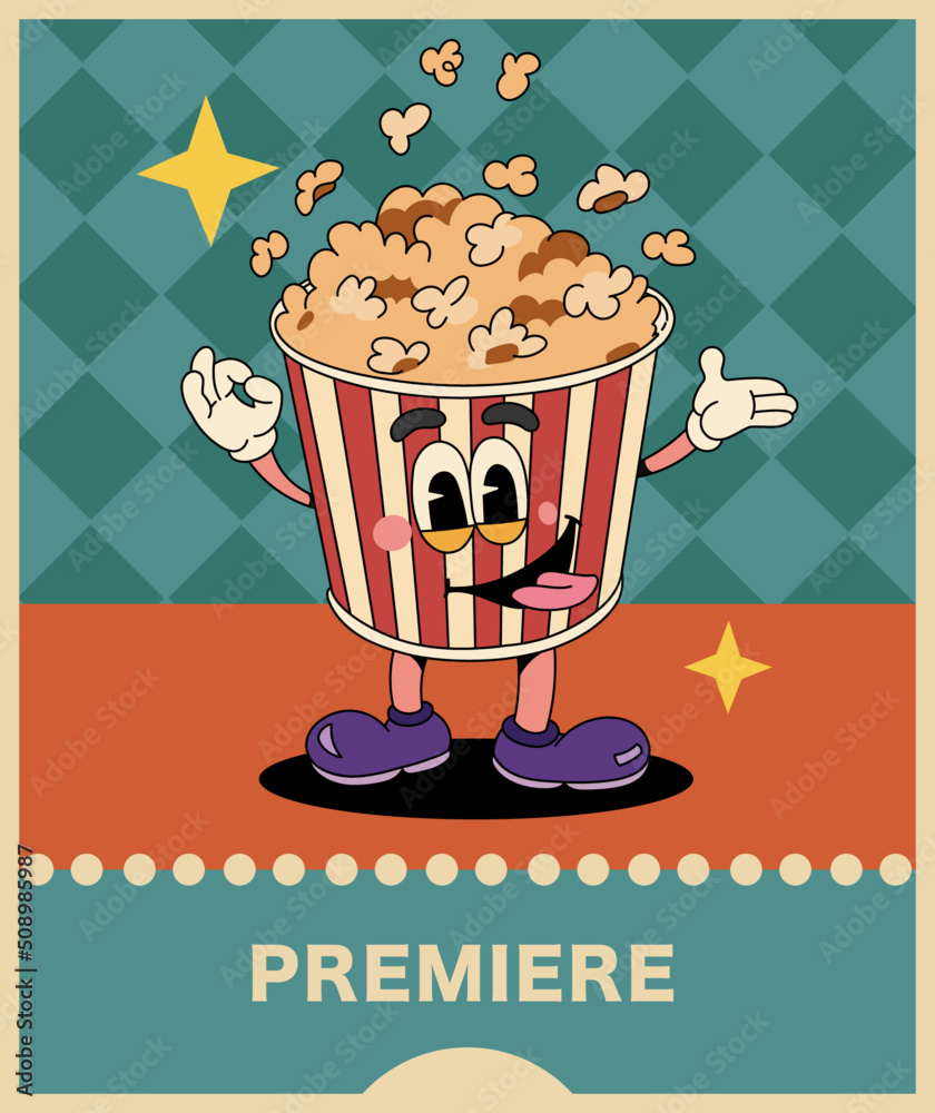 Vintage movie posters. Drawn character popcorn on a background of dark ...
