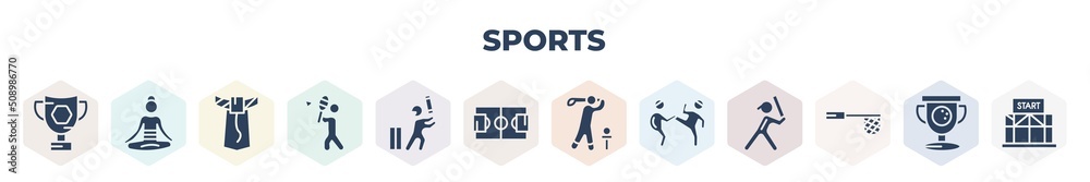 filled sports icons set. glyph icons such as football cup, meditation ...