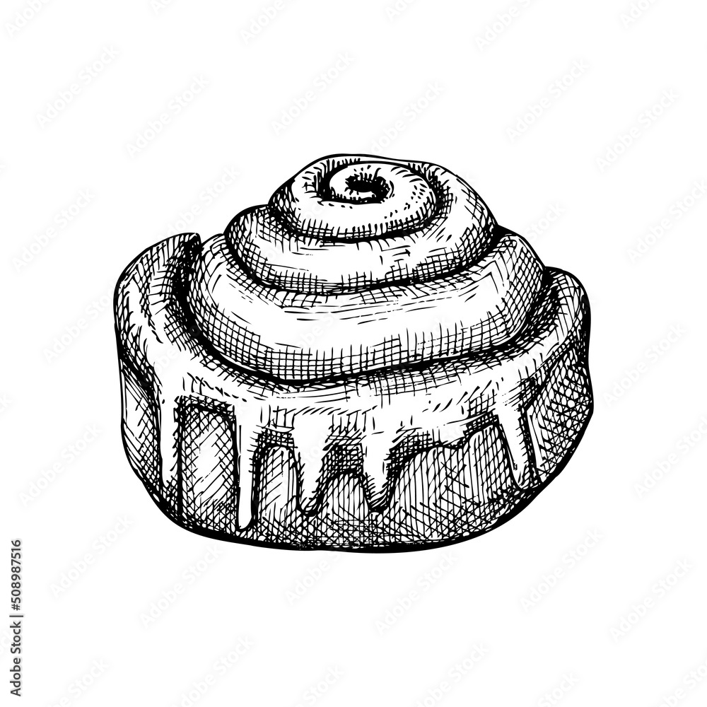 Sketched cinnamon roll illustration. Vector sketch of traditional baked ...