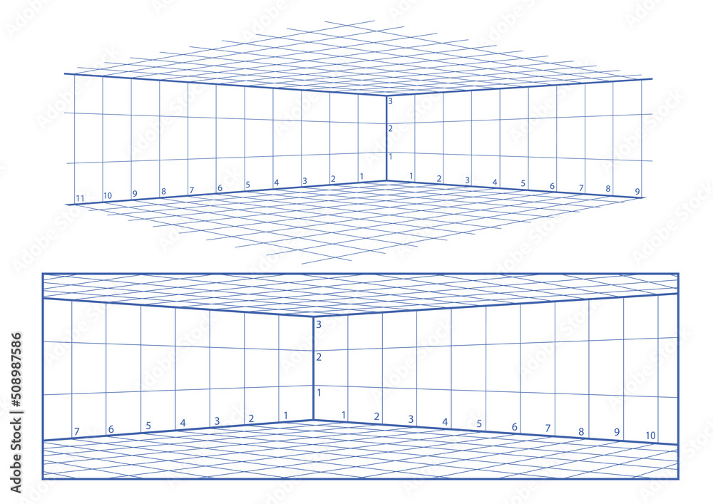 Background wireframe grid for 3d room with two-point perspective. Set ...
