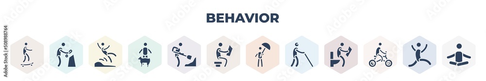 filled behavior icons set. glyph icons such as man skating, prune hedge ...