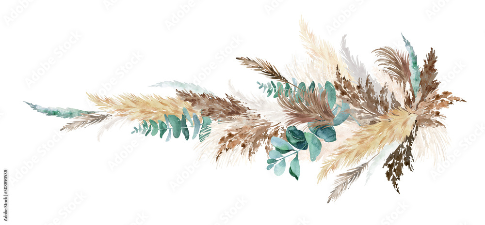 Watercolor boho pampas grass and eucalyptus bouquet. Hand painted ...
