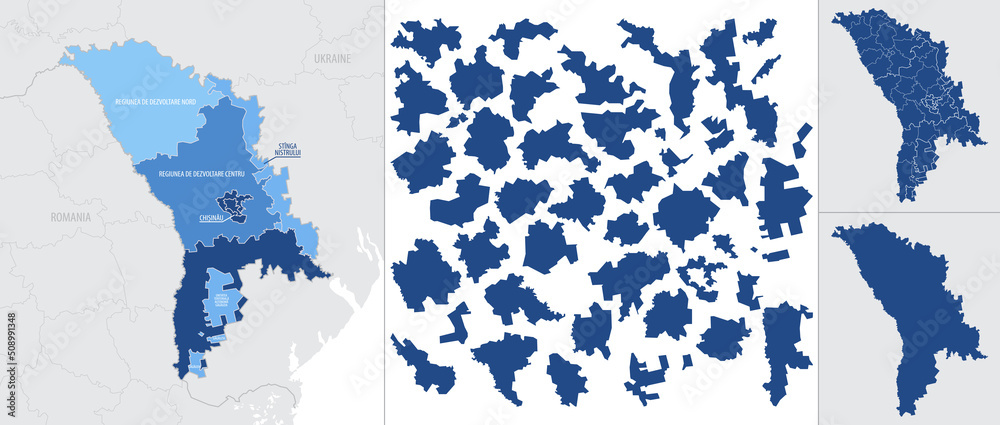 Detailed, vector, blue map of Moldova with administrative divisions ...