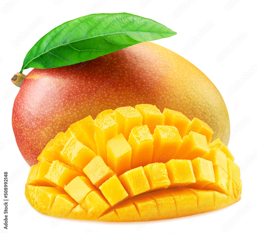 Mango fruit with green leaf and mango cut in hedgehog style isolated on ...
