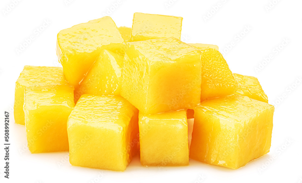 Juicy mango cubes isolated on white background. Stock Photo | Adobe Stock