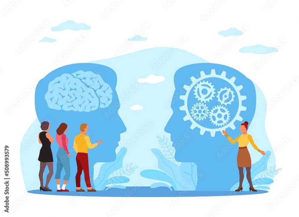 Science of communication. Language learning, tiny people on huge head ...