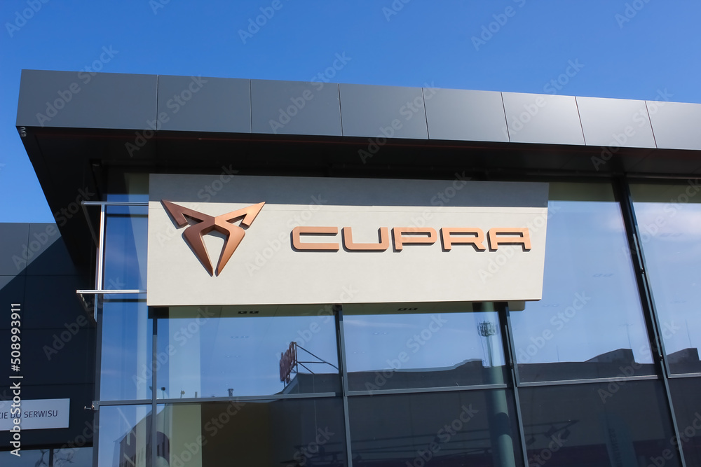 Exterior view of Cupra Dealership in Poland. Cupra Racing company logo ...