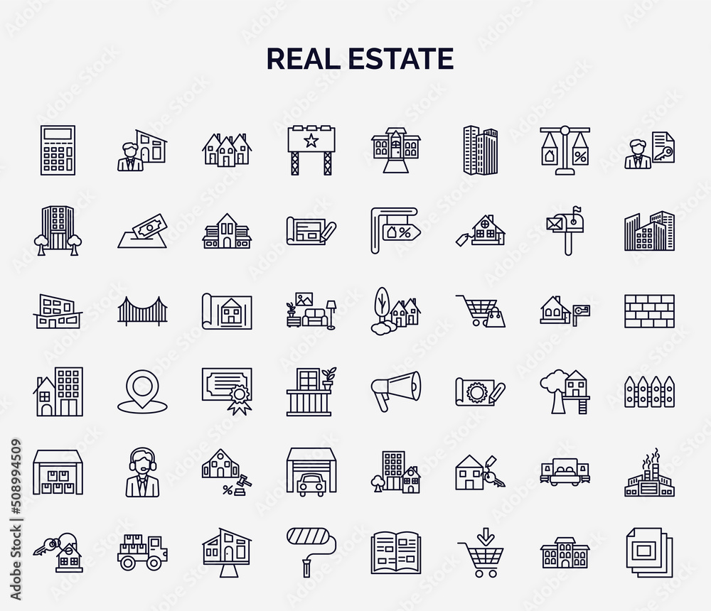set of real estate web icons in outline style. thin line icons such as ...