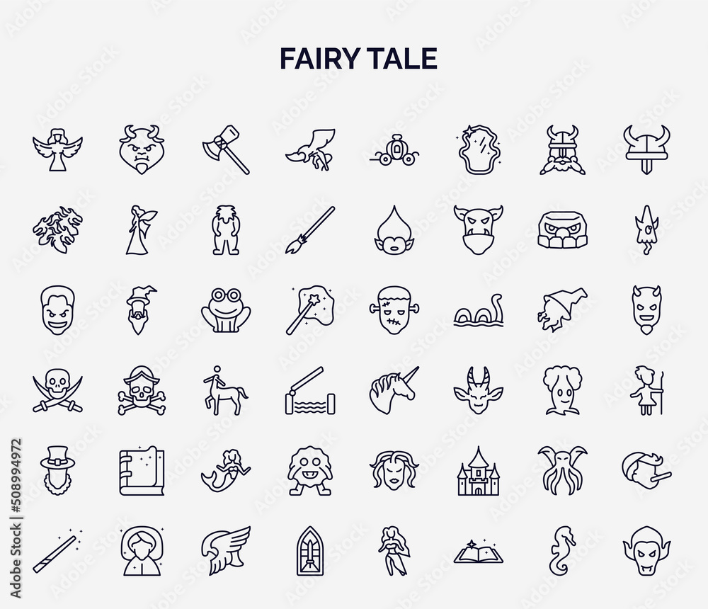 set of fairy tale web icons in outline style. thin line icons such as ...