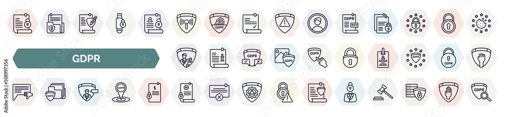 set of gdpr icons in outline style. thin line icons such as code of ...