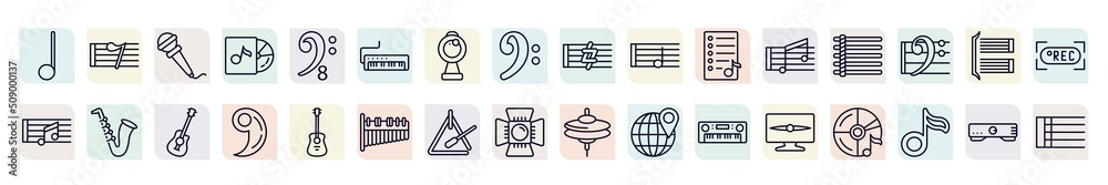 set of music and media icons in outline style. thin line icons such as ...