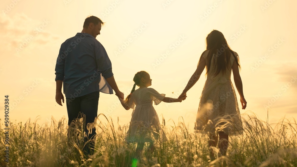 Happy family, child, are walking in summer field, holding hands. Mom ...
