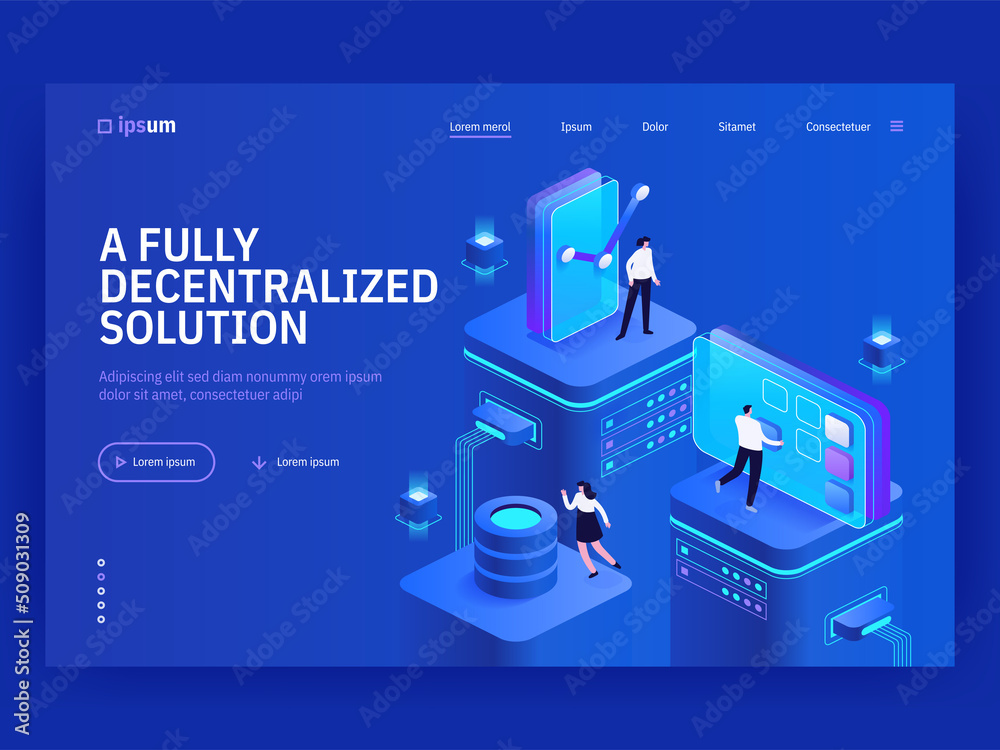 Fully decentralized solution isometric vector image on blue background ...