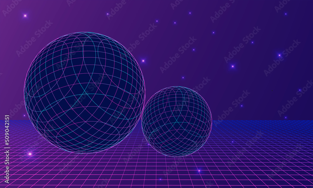 Virtual space with spheres and stars background. Vector wire landscape ...