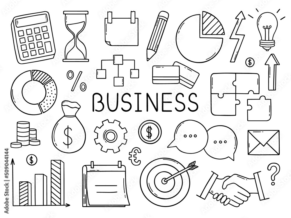 Hand drawn set of Business and finance doodle. Diagrams, money ...