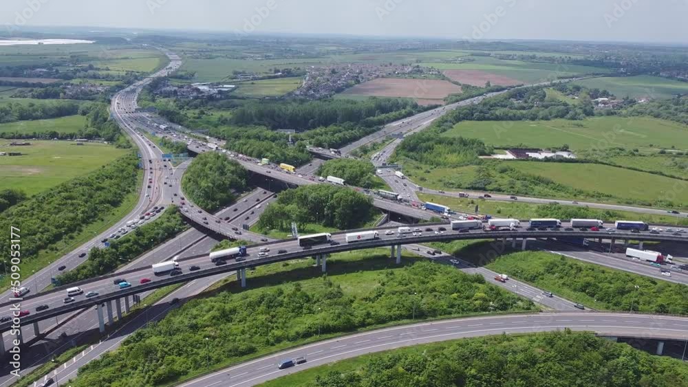 Aerial drone footage of traffic on a motorway in England. A2 - M25 ...