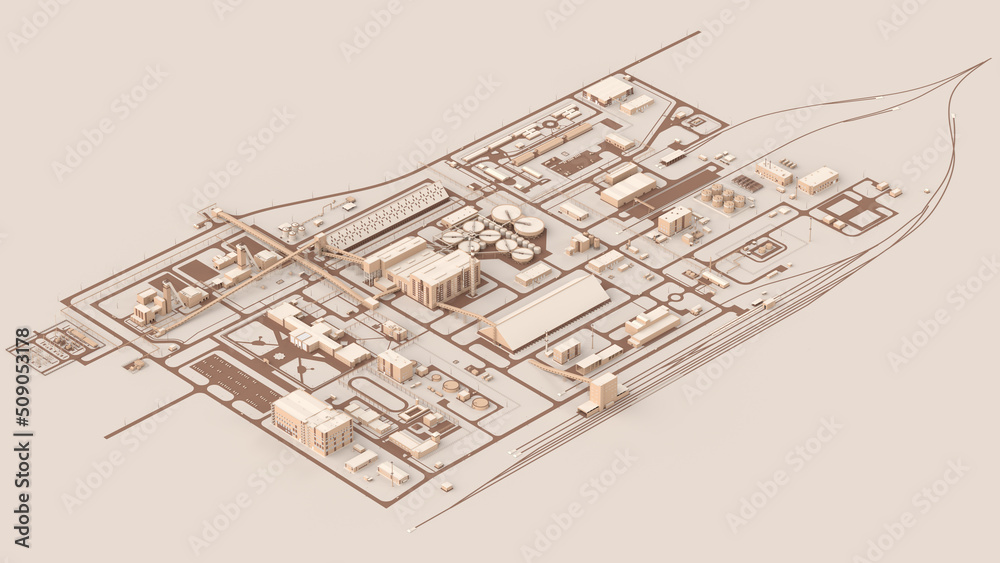 Isometric mining map. Industrial complex with conveyors, buildings ...