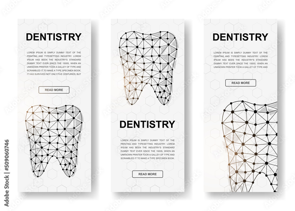 Set of three Tooth polygonal vertical banners. 3d Dentistry low poly ...