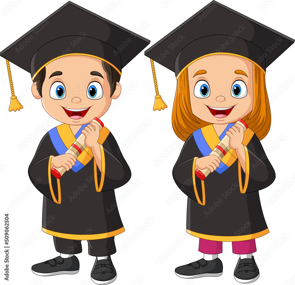 Cartoon graduation kids holding a diploma Stock Vector | Adobe Stock